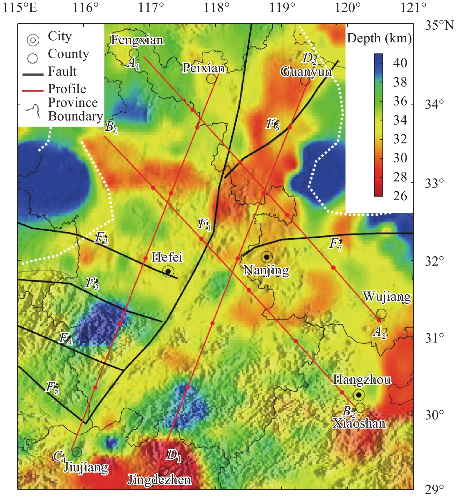 Lateral variation in Moho depth around the southern Tanlu fault zone ...